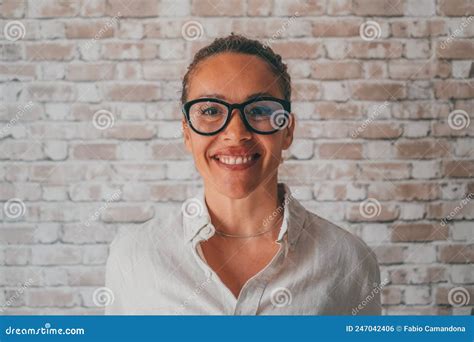 Head Shot Portrait Smart Confident Smiling Middle Age Caucasian Woman Standing With Folded Arms