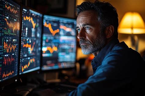 Financial Analyst Intensely Focused On Multiple Monitors Premium Ai Generated Image