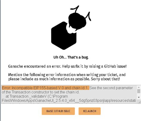 Blockchain Fork Ganache Errorbug Incompatible Eip155 Based V 0 And Chain Id 1 Ethereum
