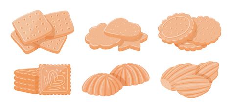 쇼트브레드 쿠키 만화 맛있는 쿠키 맛있는 버터 같고 부서지기 쉬운 쿠키 다양한 모양의 평면 벡터 일러스트 레이 션 세트 수제 쿠키 더미 곡초류에 대한 스톡 벡터 아트 및