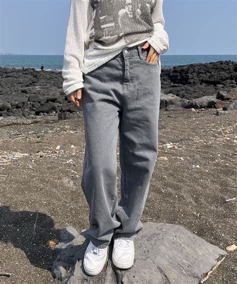 블루룸 다크 그레이 데님 팬츠 여자 일자바지 여름 회색 여성 청바지 와이드팬츠