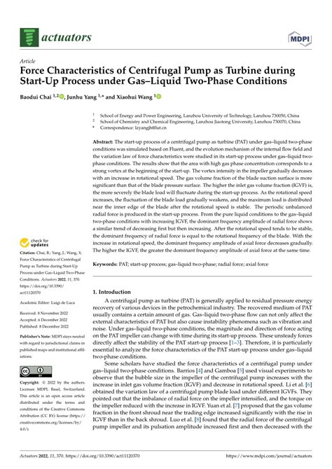 Pdf Force Characteristics Of Centrifugal Pump As Turbine During Start Up Process Under Gas