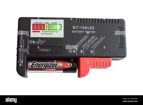 A Portable Hand Held Battery Tester With A Led Display Isolated On A White Background Stock