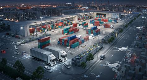 Automated Smart Port Logistics Night Operations With Drones And Trucks Stock Image Image Of