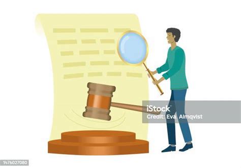 결정을위한 망치가있는 계약 유언장 또는 법적 문서 돋보기로 그것을 제어하는 남자 흰색으로 격리 벡터 그림입니다 Improv에 대한 스톡 벡터 아트 및 기타 이미지 Istock