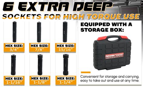 1 2 Inch Drive Extended Length Impact Socket Set 6 Sizes Extra Deep Socket Set Hex 3 4 7 8