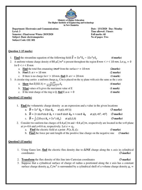 Final Basic Electromagetic 2019 2020 Pdf Science And Mathematics