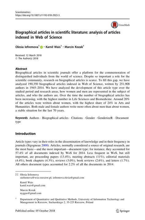 Pdf Biographical Articles In Scientific Literature Analysis Of