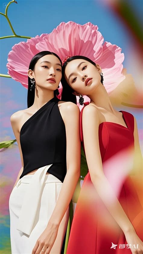 气场全开，自信放光芒，粉色大花朵前景，光照在模特面部，55mm，2个亚洲冷白皮肤女模特，全身照，活力满满，素颜，大光圈，潮流，商业摄影风格，模特看向观众，艺术高级特 5 花瓣网