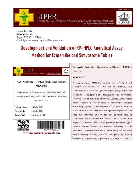 Pdf Development And Validation Of Rp Hplc Analytical Assay Method For