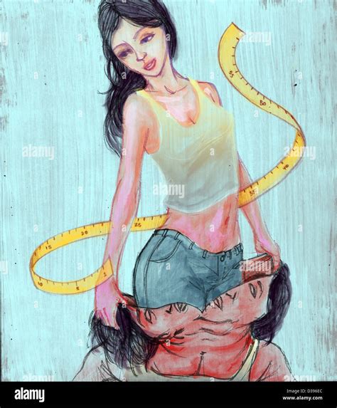 Conceptual Illustration Of Happy Woman Shedding Her Fat Suit Depicting