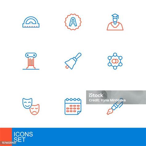 세트 라인 만년필 펜촉 학교 시간표 코미디 및 비극 마스크 분자 법률 기둥 울리는 종 대학원 졸업 모자 및 A 플러스 등급 아이콘이 있는 시험지 벡터 Theatrical