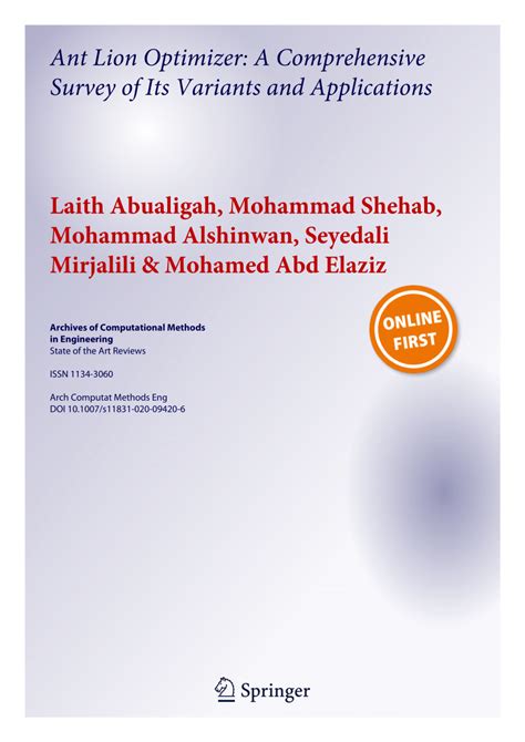 Pdf Ant Lion Optimizer A Comprehensive Survey Of Its Variants And