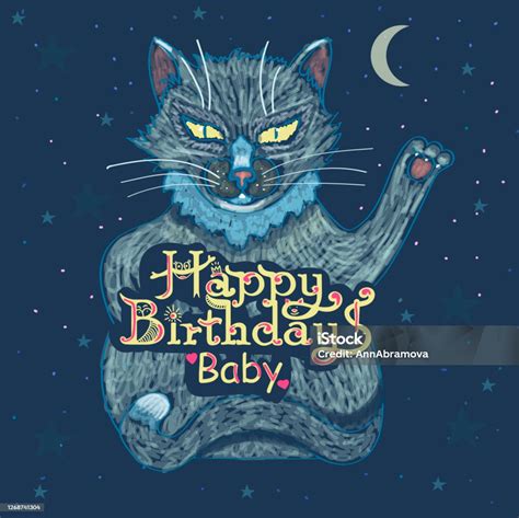 생일 축하해요 공간에서 아름다운 고양이와 손 비문 문자 벡터 일러스트 컴퓨터 글자에 대한 스톡 벡터 아트 및 기타 이미지