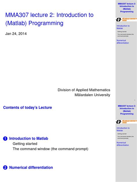 Mma307 Lecture 2 Introduction To Matlab Programming Pdf