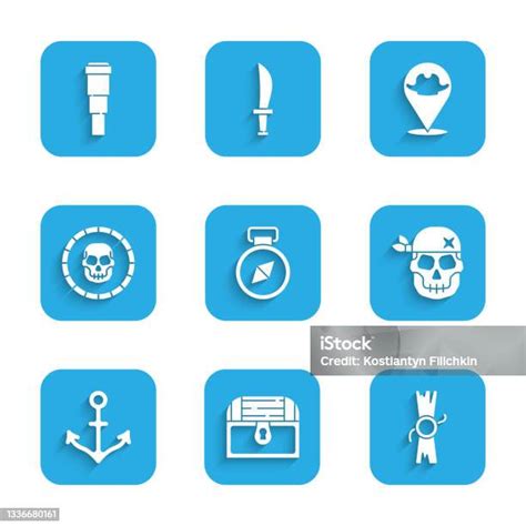 설정 나침반 골동품 보물 상자 법령 양피지 스크롤 두개골 앵커 해적 동전 위치 해적과 스파이 유리 망원경 렌즈 아이콘 벡터 가방에 대한 스톡 벡터 아트 및 기타 이미지