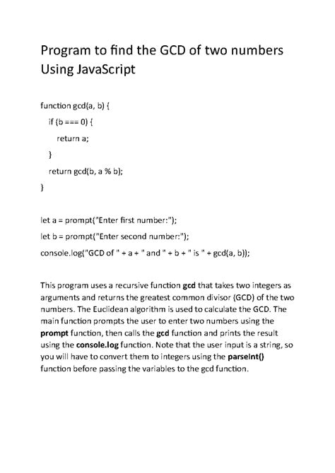Gcd Of Two Numbers Using Java Script Program To Find The Gcd Of Two