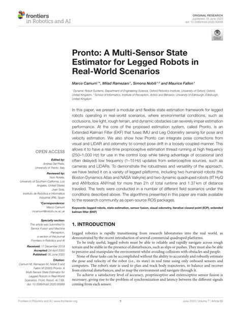 Pdf Pronto A Multi Sensor State Estimator For Legged Robots In Real World Scenarios