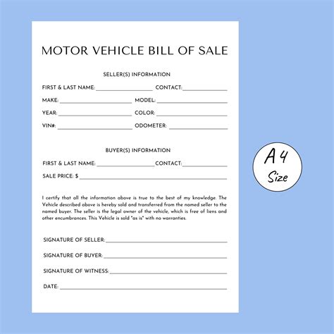 Motor Vehicle Bill Of Sale Blank Auto Bill Of Sale Motor Vehicle Bill