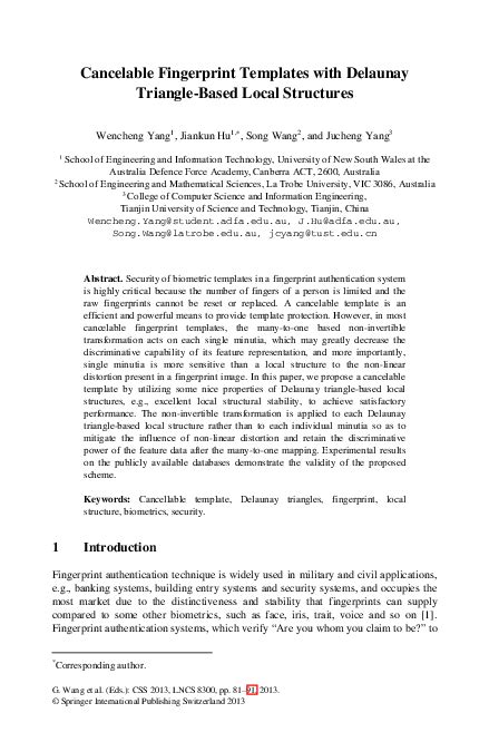 Pdf Cancelable Fingerprint Templates With Delaunay Triangle Based Local Structures