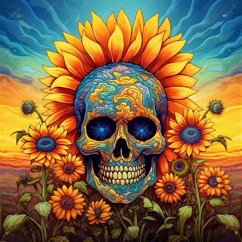Premium Photo A Close Up Of A Skull With Sunflowers In The Background