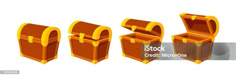 만화 보물 상자 나무 가슴 애니메이션 오픈 빈 나무 상자 게임 아이콘 또는 신비한 요소 빈티지 오픈 폐쇄 최근 벡터 디자인 트렁크 가방에 대한 스톡 벡터 아트 및 기타