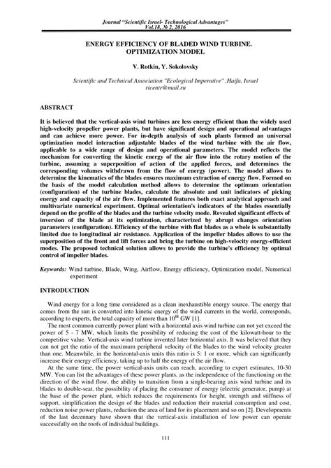 PDF Energy Efficiency Of Bladed Wind Turbine Optimization Model