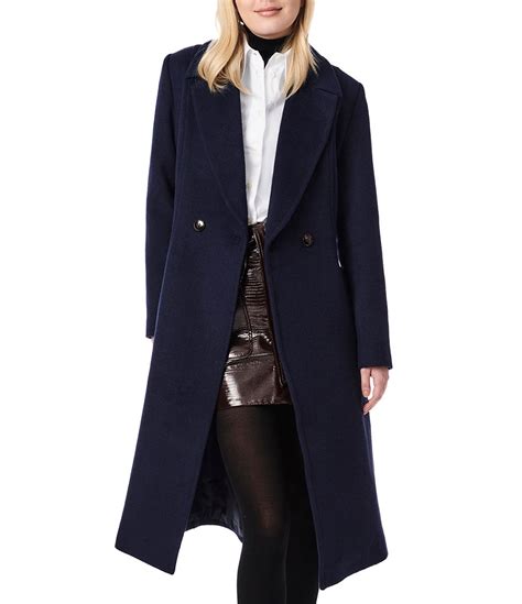 Bernardo Single Breasted Notch Lapel Collared Maxi Tie Waist Wool Coat