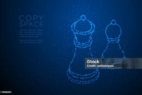 추상적인 기하학적 Bokeh 서클 도트 픽셀 패턴 체스 킹 및 폰 모양 비즈니스 전략 개념 디자인 파란색 그림 복사 공간 블루