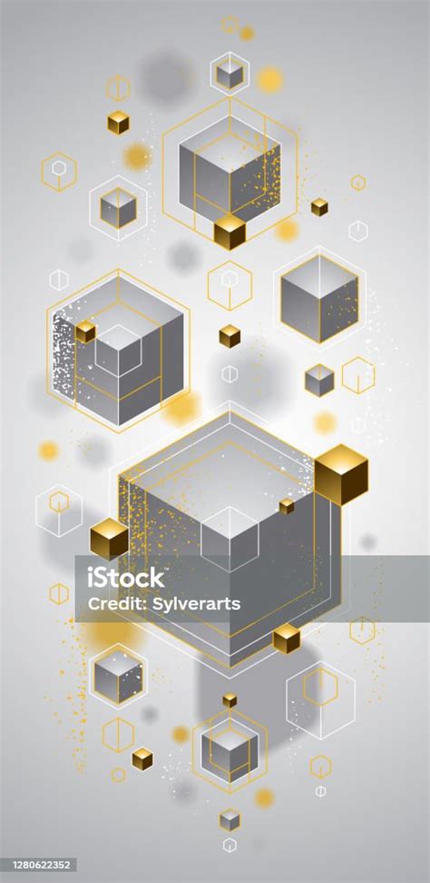 황금 요소 벡터 디자인 고급 또는 보석 색상 스타일과 3d 큐브의 클러스터와 추상 벡터 디자인은 기술 및 과학 추상화 예술에 사용할 수 있습니다 0명에 대한 스톡 벡터 아트