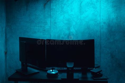 Dark Working Place Of A Programmer Or Hacker With Computer Stock Image