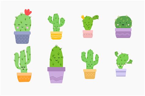 흰색 배경에 귀여운 선인장 플랫 스타일 벡터 일러스트의 세트 집 즙이 많은 디자인 카드 스티커냄비에 얼굴이 있는 재미있는 선인장 가시에 대한 스톡 벡터 아트 및 기타 이미지