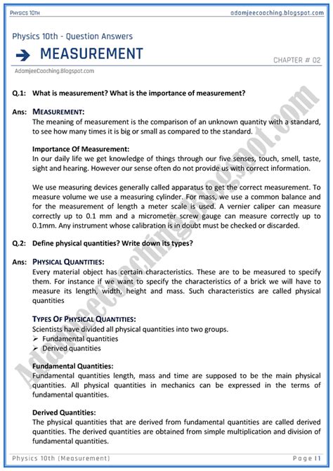 Adamjee Coaching Measurement Question Answers Physics 10th