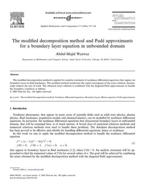 Wazwaz2006 The Modified Decomposition Method And Pade Approximants For A Boundary Layer Equation