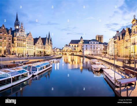 Picturesque Medieval Buildings On Leie River In Ghent Town Belgium At