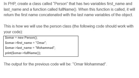 Solved In Php Create A Class Called Person That Has Two
