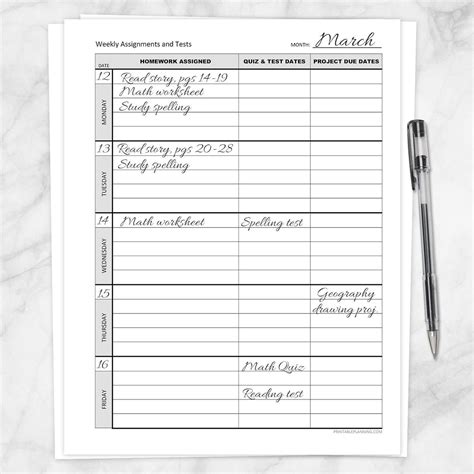 Printable Weekly School Assignments Sheet Homework Assigned Test And