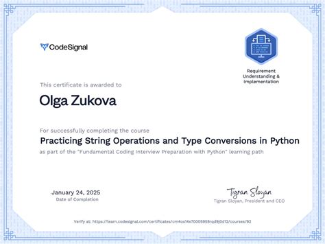 Course Certificate For Practicing String Operations And Type Conversions In Python Olga Zukova