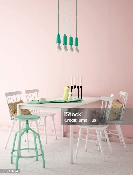 빈티지에 식사 공간을 위한 인테리어 디자인 스타일 공장의 자 테이블 나무 바닥 및 분홍색 벽에 많은 소품과 3d 렌더링 3d