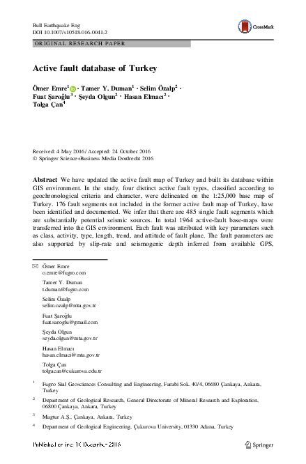Pdf Active Fault Database Of Turkey