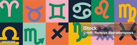 색상 조디악 표지판 물병자리 천칭자리 사자자리 황소자리 게자리 물고기자리 처녀자리 염소자리 궁수자리 양자리 쌍둥이자리 전갈자리 조디악 벡터 운세 0명에 대한 스톡 벡터 아트