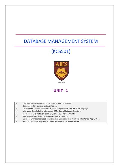 Dbms Notes Unit 1 Unit 1 Notes Of Dbms Database Management System Kcs501 Unit Overview