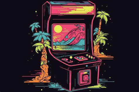 Premium Ai Image A Vintage Arcade Game With A Palm Tree And A Beach