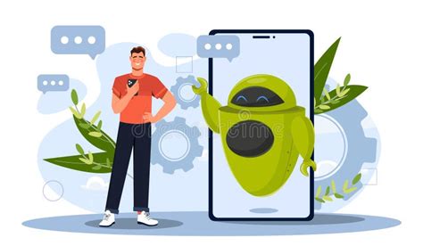 Virtual Assistant Mobile Man Near Smartphone With Internet Bot Artificial Intelligence And