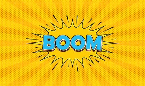 하프톤 그라디언트가 있는 노란색 주황색 배경에 추상 붐 빈 음성 버블 만화 폭발 효과가있는 애니메이션 디자인 만화 만화 스타일 스타 버스트 팝 아트 질감 벡터 일러스트레이션