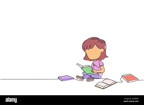 Single One Line Drawing Girl Sitting Relaxed In A Library Reading A Lot Single One Line Drawing Girl Sitting Relaxed In A Library Reading A Lot
