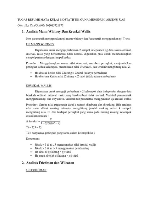 Rangkuman Biostatistik Analisis Mann Whitney Kruskal Wallis Dan