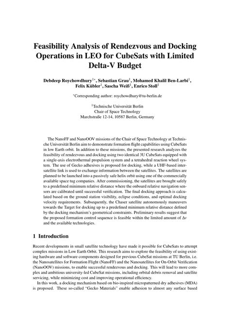 Pdf Feasibility Analysis Of Rendezvous And Docking Operations In Leo For Cubesats With Limited