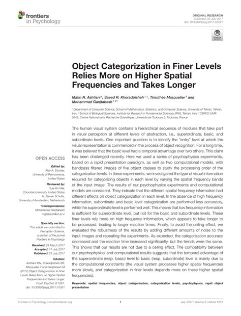 Pdf Object Categorization In Finer Levels Relies More On Higher Spatial Frequencies And Takes