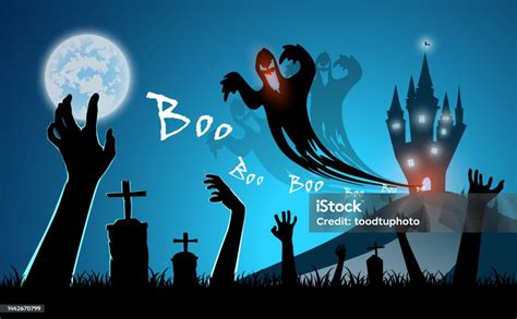 무덤에 있는 좀비 손 실루엣 그림 파란색 배경 축제 할로윈 개념 축하 할로윈 날을 위해 성에 많은 유령이 있는 어두운 밤에 보름달 10월에 대한 스톡 벡터 아트 및 기타